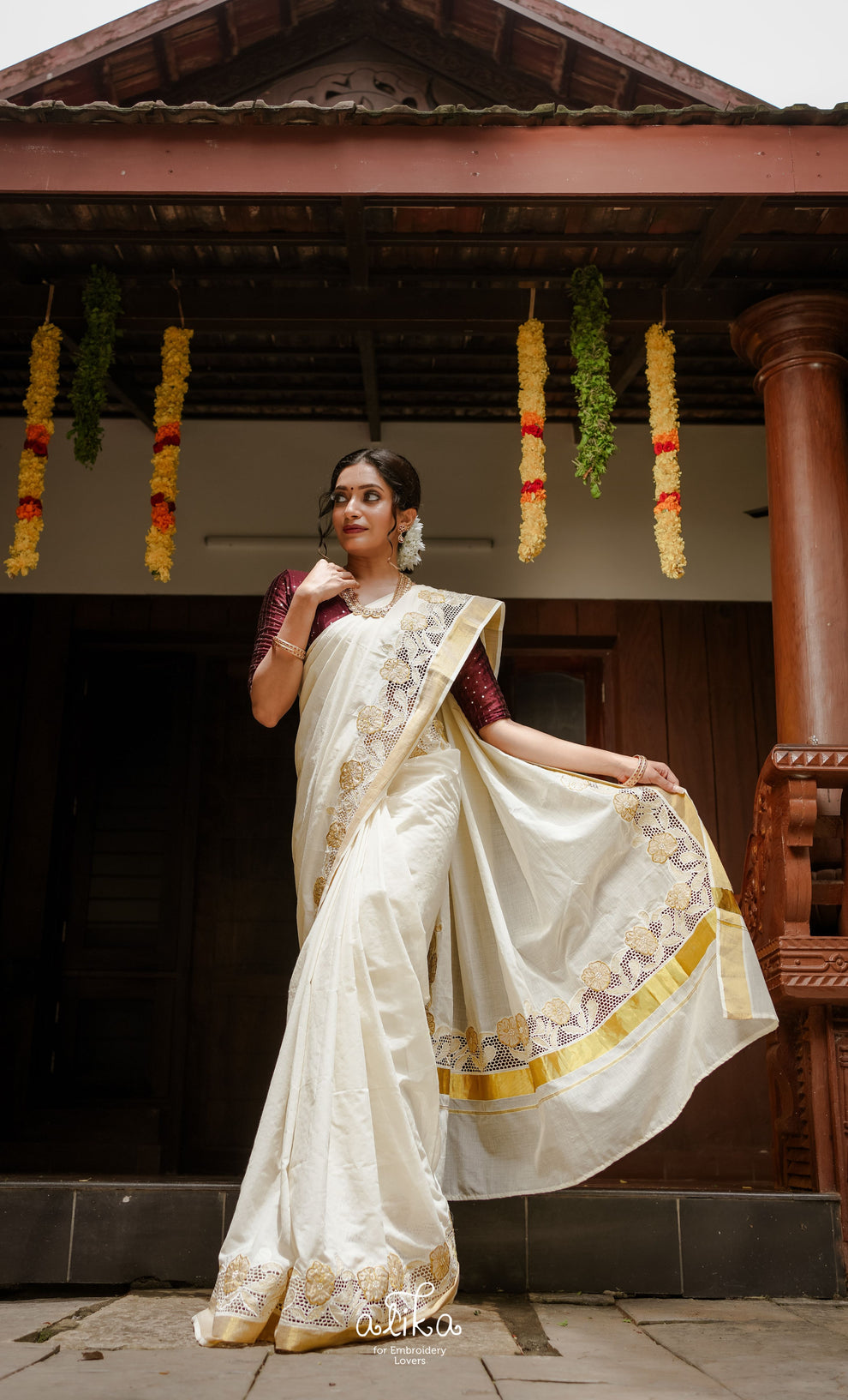 Traditional Kerala Saree with Full Border Cut Work – Alika Fashion Sto ...
