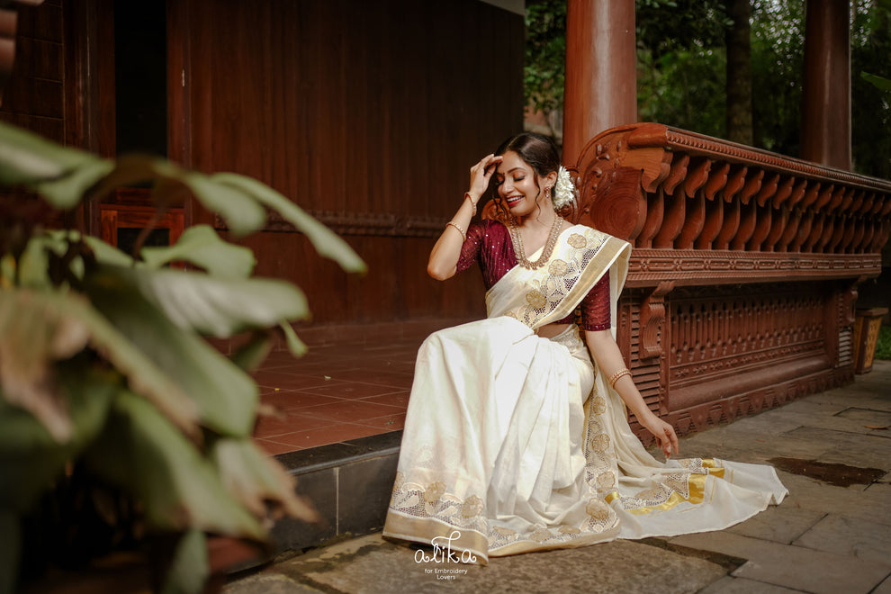Traditional Kerala Saree with Full Border Cut Work – Alika Fashion Sto ...