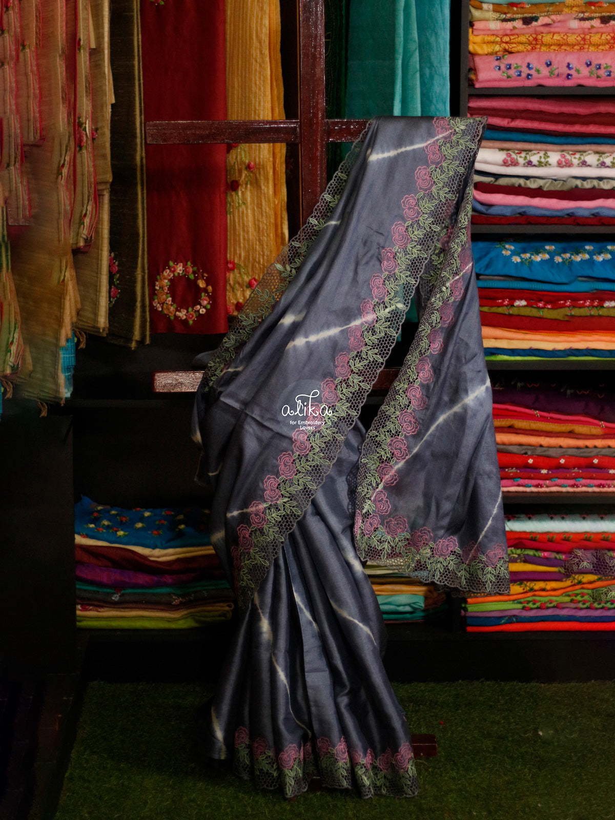 GREY TUSSAR SILK SAREE WITH full border cutwork and floral machine emb ...