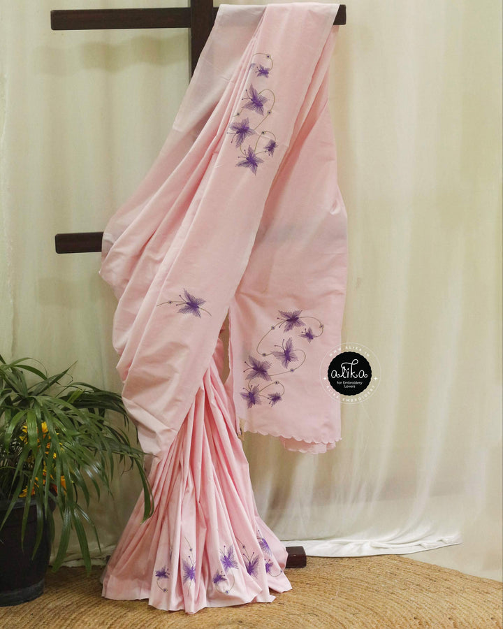 Pink Cotton Saree with Machine Embroidery – ALIKA FASHION STORE