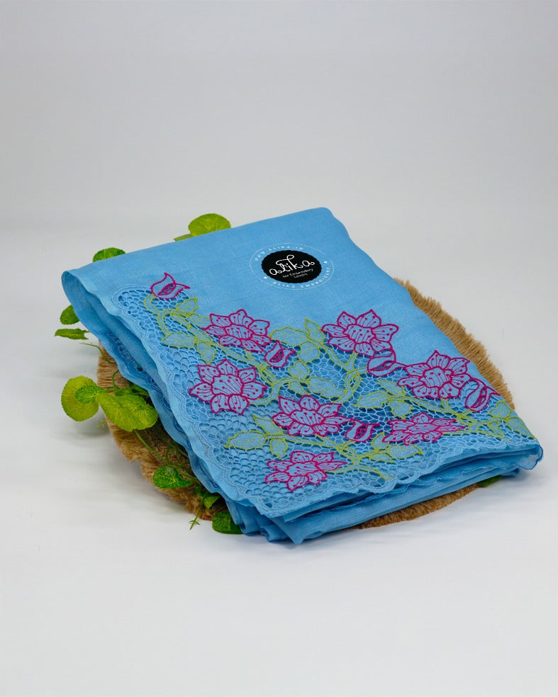 Pale Cerulean Blue Jute Saree with Twine Cut Work – Elegant & Artistic ...