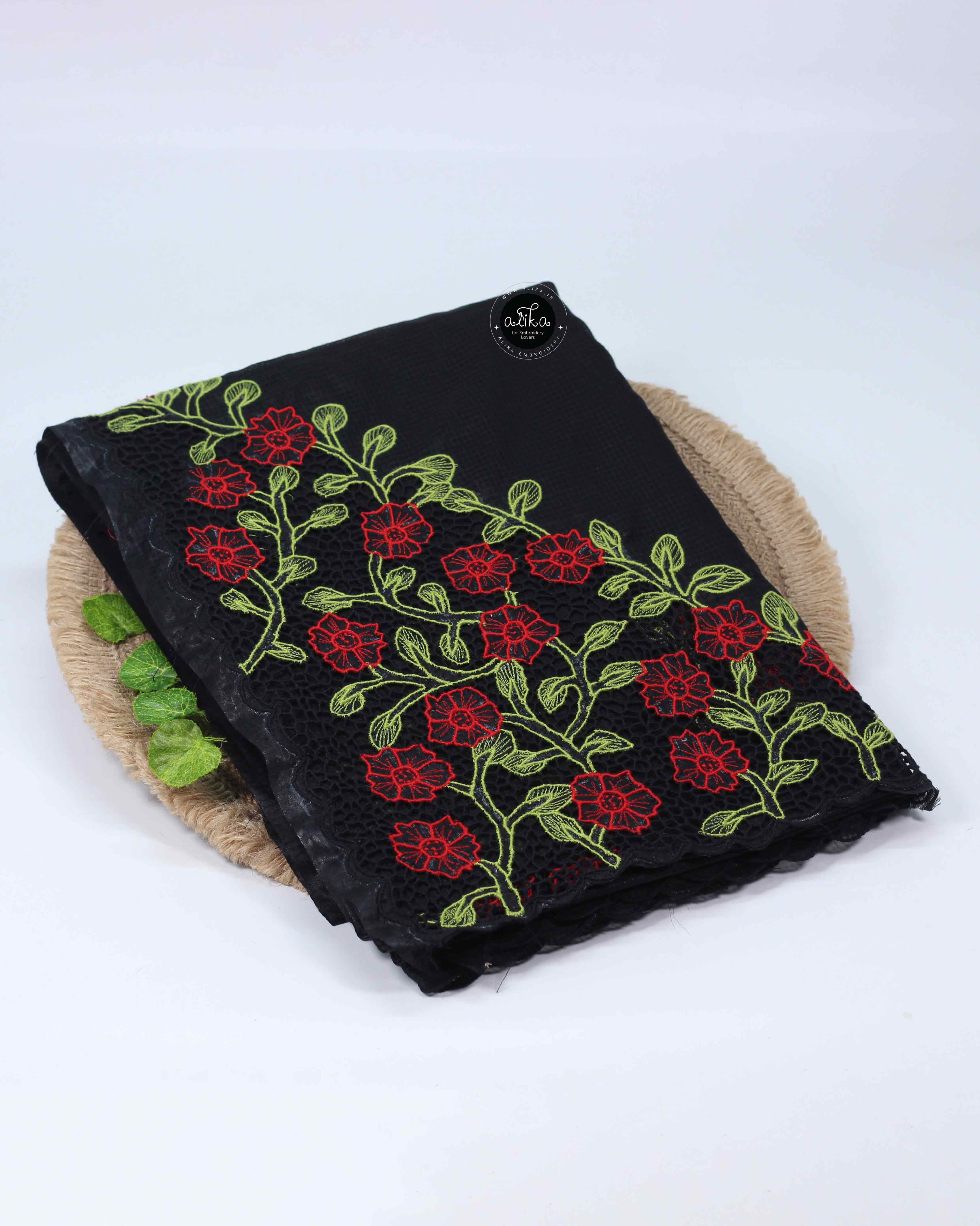 Black Bhagalpuri Silk Saree with Floral Twine Cut Work – ALIKA FASHION ...