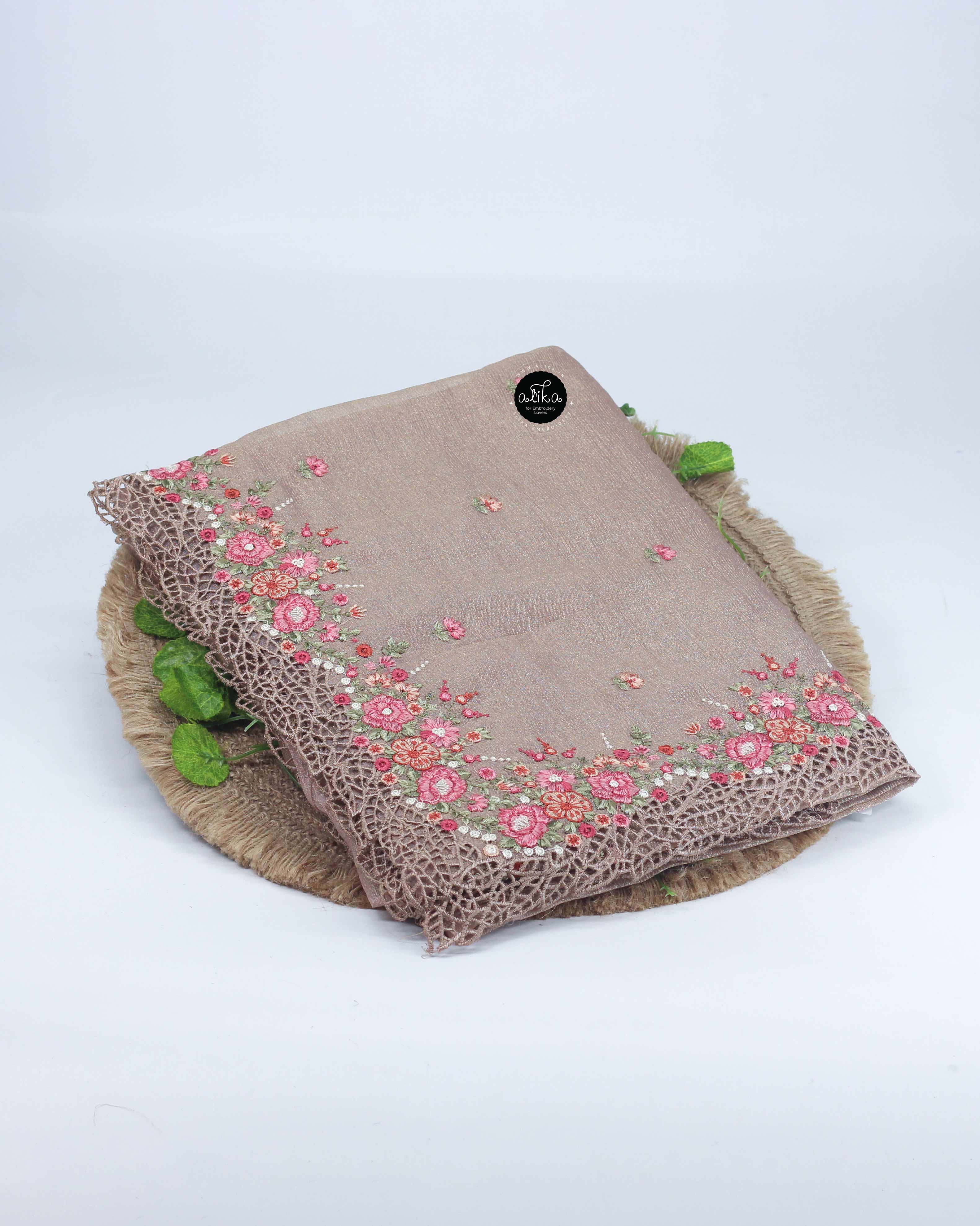 Rose Gold Crepe Silk Saree with Full Border Cut Work & Floral Embroide ...