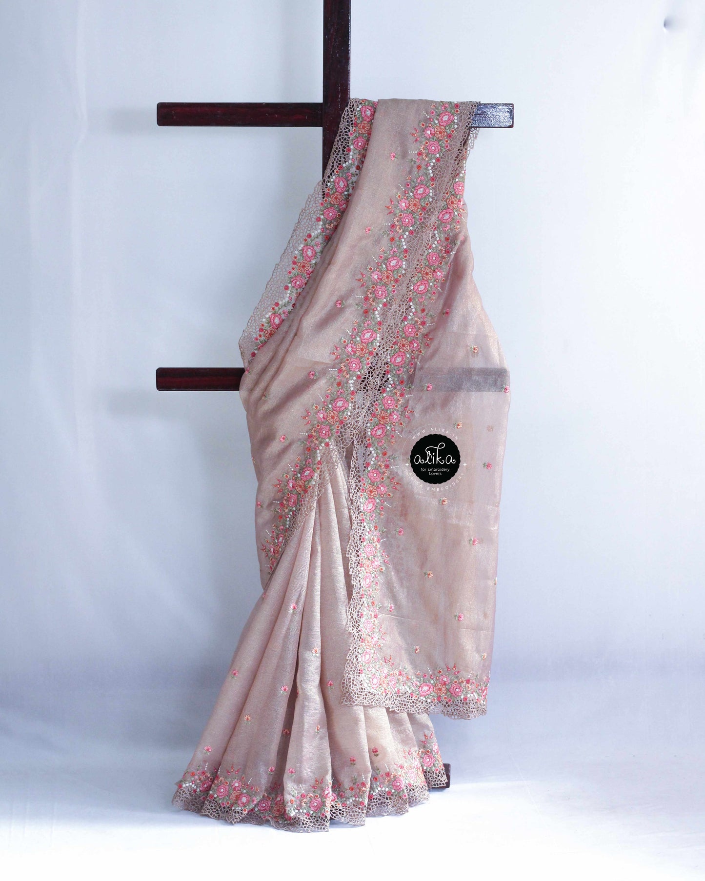 Rose Gold Crepe Silk Saree with Full Border Cut Work & Floral Embroide ...