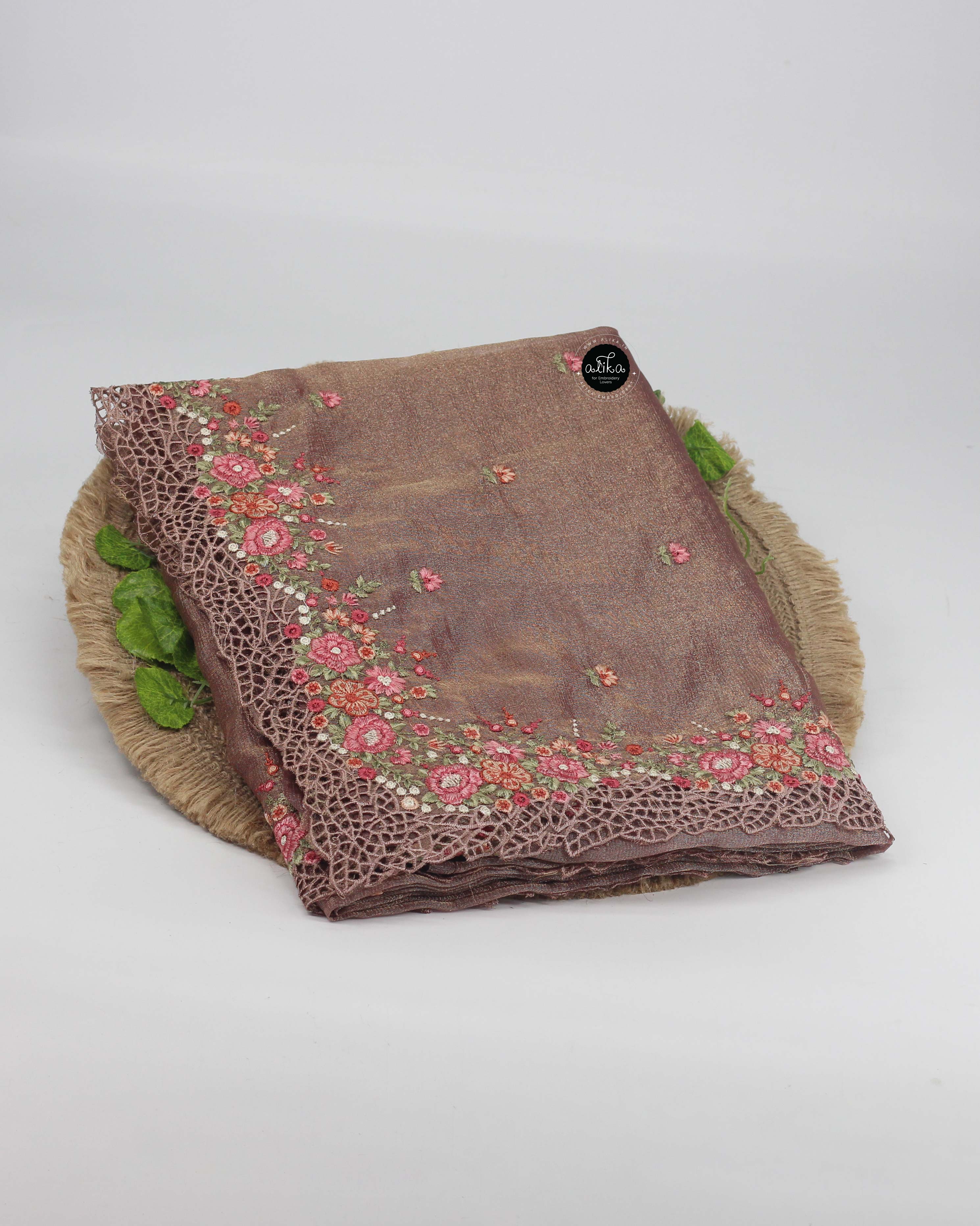 Copper Brown Crepe Silk Saree with Full Border Cut Work & Floral Embro ...