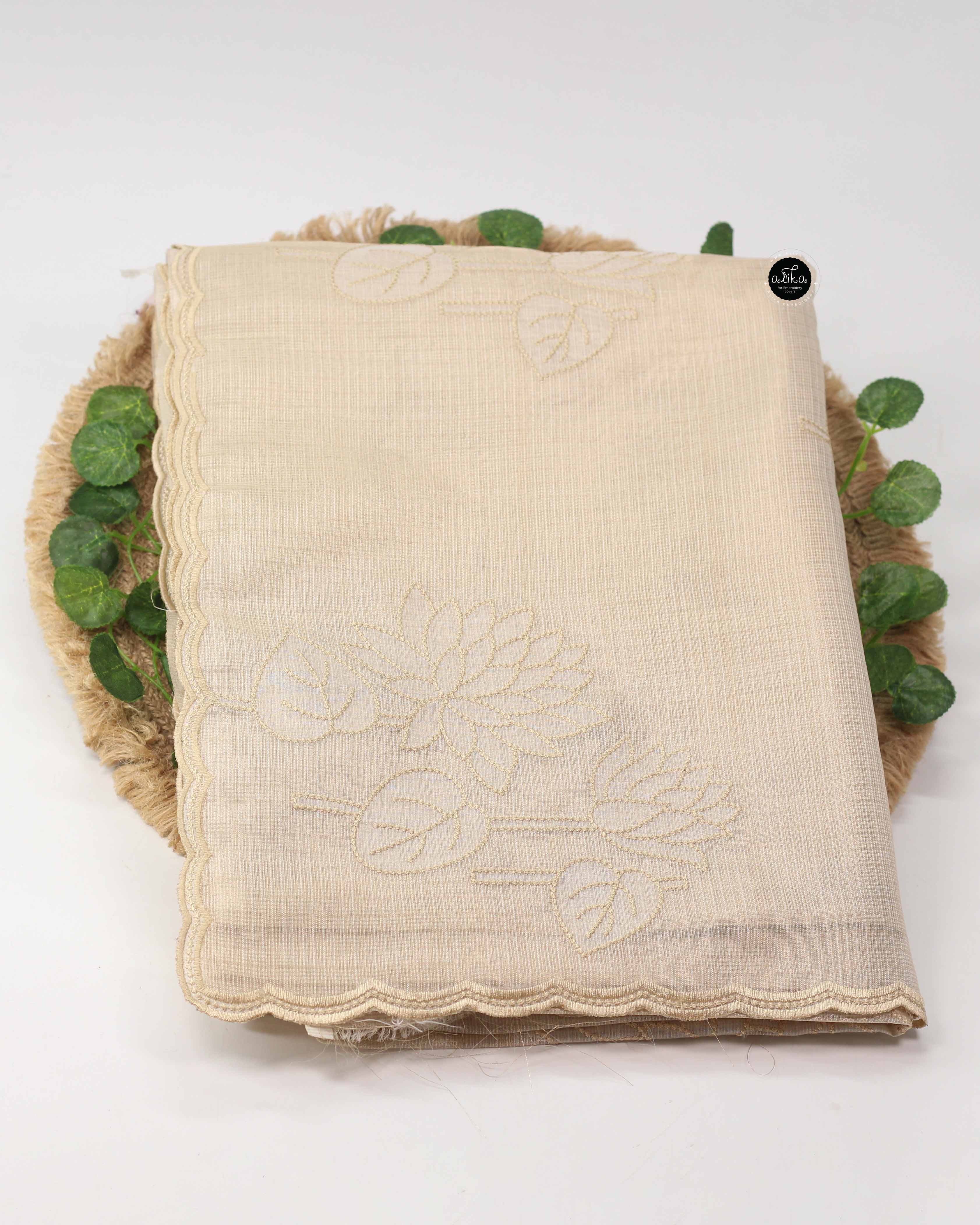 Cream Semi Tissue Saree with Appliqué Work and Printed blouse Material ...