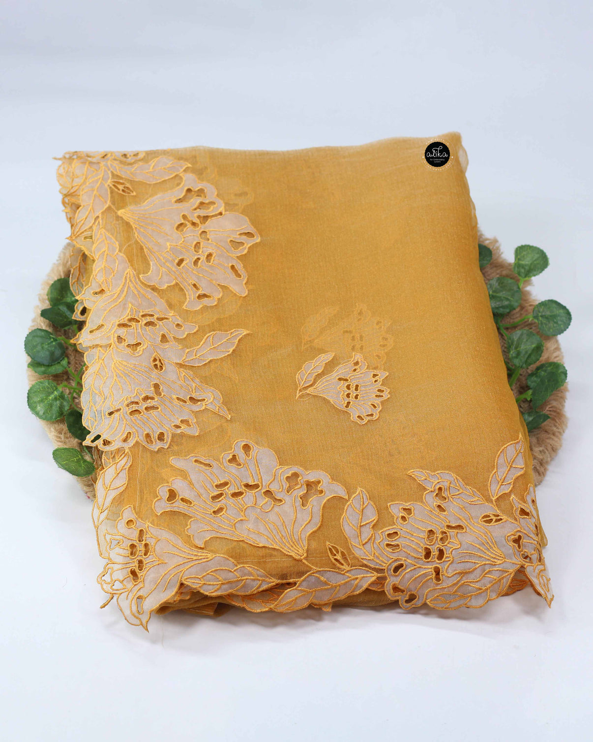 Golden Yellow Crushed Silk Saree with Appliqué Work And Plain Blouse M ...