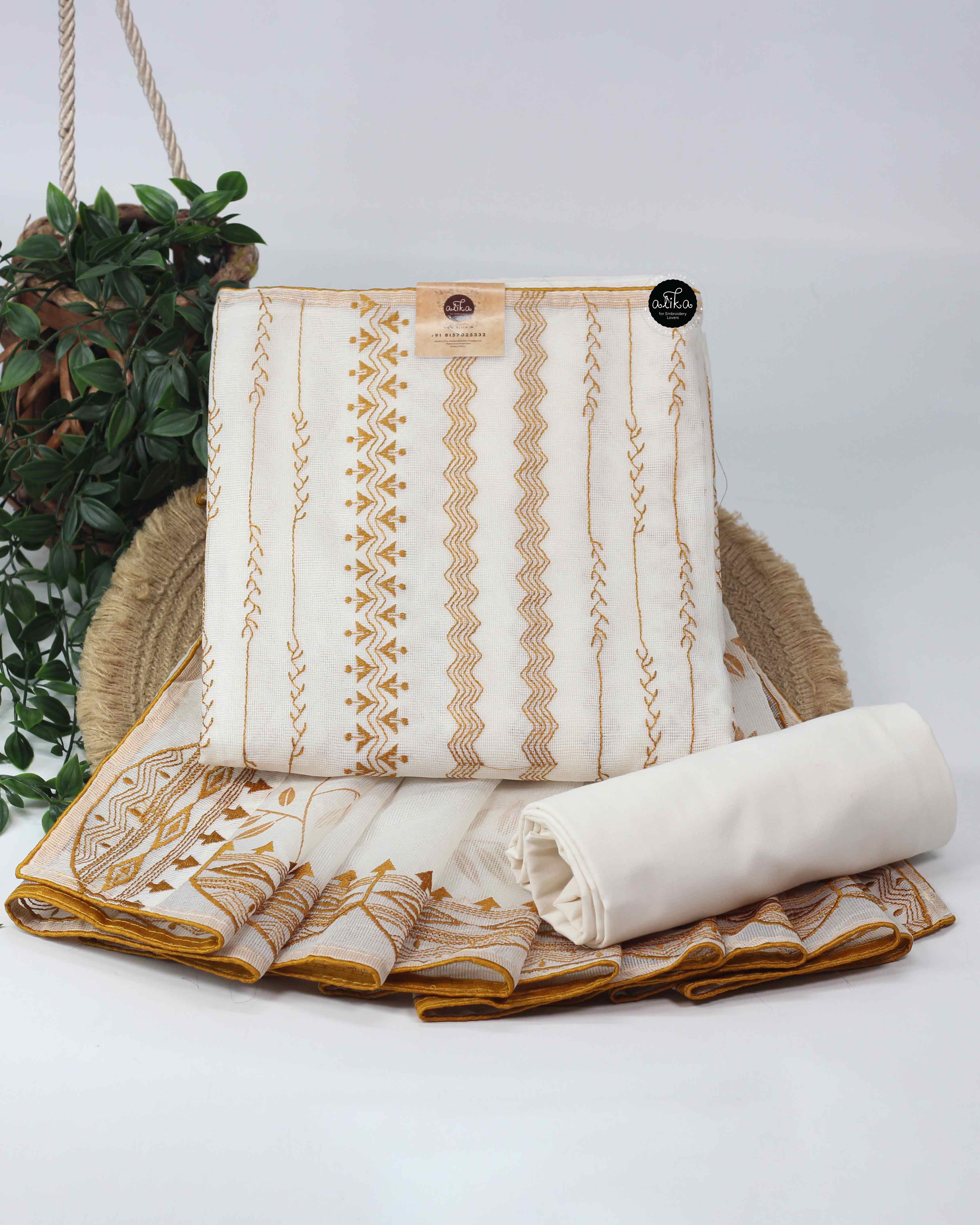 Off White Kota Unstitched Salwar Set with Mustard Yellow Machine Embro ...